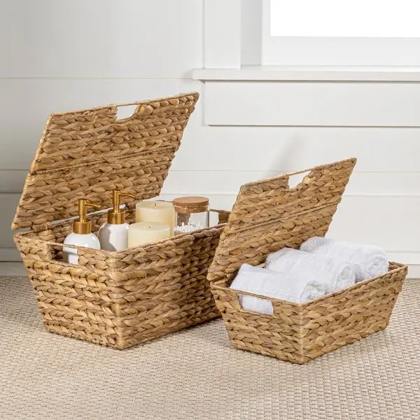 HAPPIMESS Wilder Classic Farmhouse Woven Hyacinth Rectangular Storage Baskets With Lids And Handles - Natural