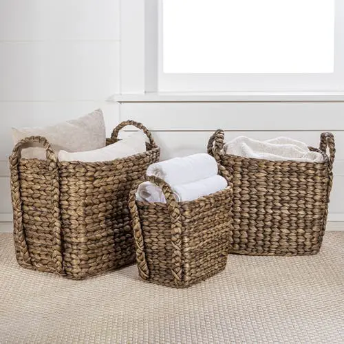 HAPPIMESS Clara Farmhouse Classic Handwoven Hyacinth Rectangle Storage Floor Baskets With Handles - Brown