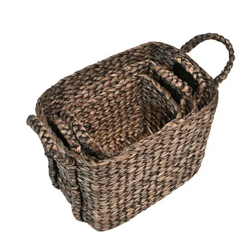 HAPPIMESS Clara Farmhouse Classic Handwoven Hyacinth Rectangle Storage Floor Baskets With Handles