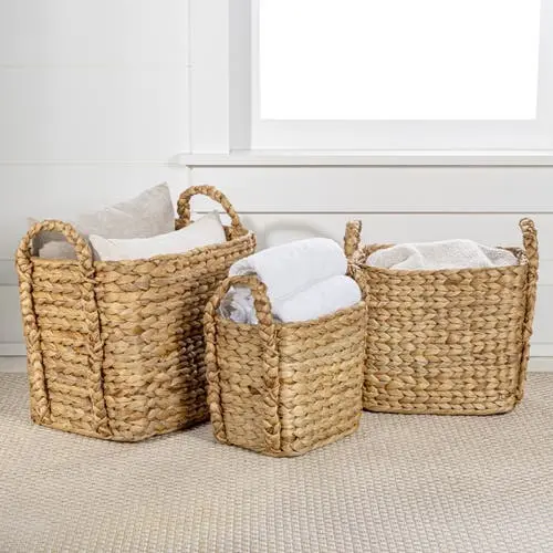 HAPPIMESS Clara Farmhouse Classic Handwoven Hyacinth Rectangle Storage Floor Baskets With Handles - Natural