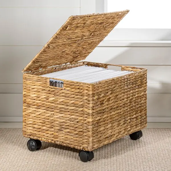 HAPPIMESS Ashton Classic Farmhouse Hand-woven Hyacinth Rolling Filing Basket With Lid And 360 Degree Lockable Wheels - Natural