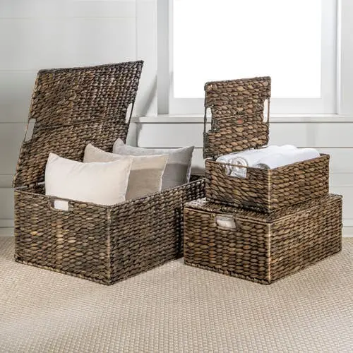 HAPPIMESS Brooks Classic Farmhouse Woven Hyacinth Rectangular Storage Baskets With Lids And Handles - Brown