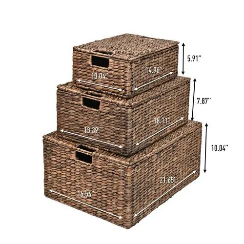 HAPPIMESS Brooks Classic Farmhouse Woven Hyacinth Rectangular Storage Baskets With Lids And Handles - Brown