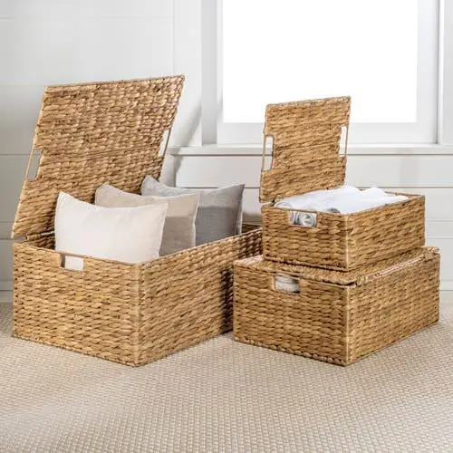 HAPPIMESS Brooks Classic Farmhouse Woven Hyacinth Rectangular Storage Baskets With Lids And Handles - Natural