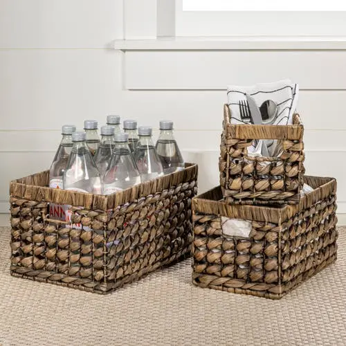HAPPIMESS Hayden Bohemian Cottage Handwoven Hyacinth Rectangular Nesting Baskets With Handles - Brown