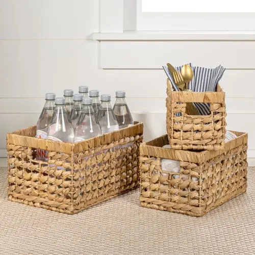 HAPPIMESS Hayden Bohemian Cottage Handwoven Hyacinth Rectangular Nesting Baskets With Handles - Natural