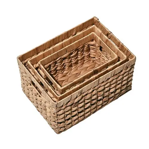 HAPPIMESS Hayden Bohemian Cottage Handwoven Hyacinth Rectangular Nesting Baskets With Handles - Natural
