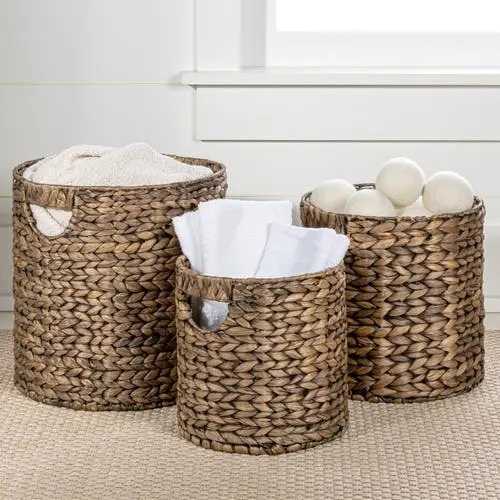 HAPPIMESS Avery Bohemian Cottage Handwoven Hyacinth Cylinder Nesting Baskets With Handles - Brown