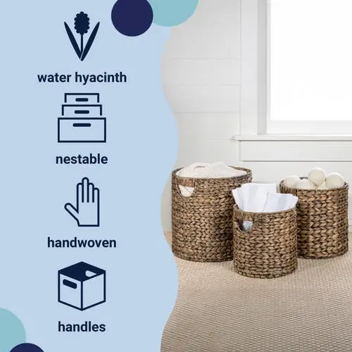 HAPPIMESS Avery Bohemian Cottage Handwoven Hyacinth Cylinder Nesting Baskets With Handles