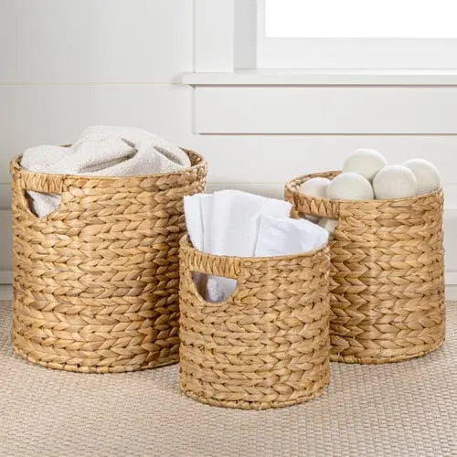 HAPPIMESS Avery Bohemian Cottage Handwoven Hyacinth Cylinder Nesting Baskets With Handles - Natural