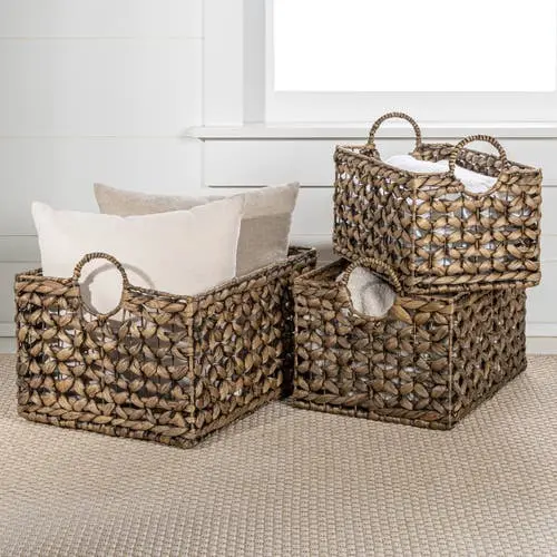 HAPPIMESS Quinn Bohemian Cottage Woven Hyacinth Rectangular Storage Baskets With Handles - Brown