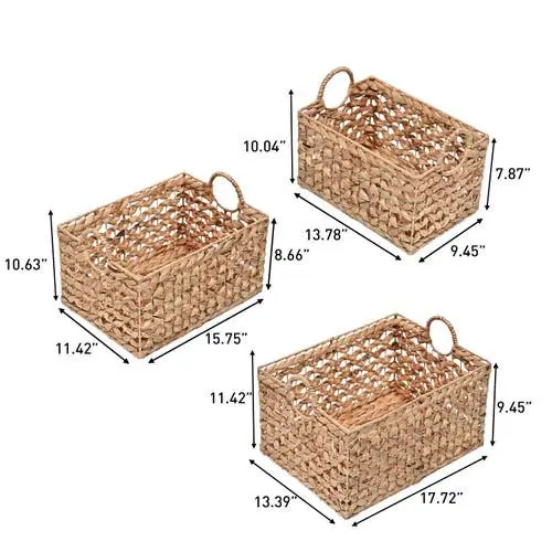 HAPPIMESS Quinn Bohemian Cottage Woven Hyacinth Rectangular Storage Baskets With Handles - Natural