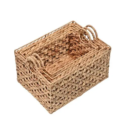 HAPPIMESS Quinn Bohemian Cottage Woven Hyacinth Rectangular Storage Baskets With Handles - Natural