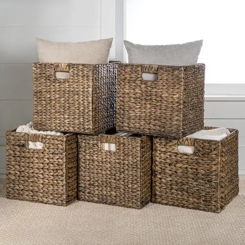 HAPPIMESS Bryce Classic Farmhouse Handwoven Hyacinth Collapsible Storage Cube Baskets With Handles - Brown