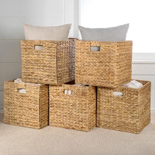 HAPPIMESS Bryce Classic Farmhouse Handwoven Hyacinth Collapsible Storage Cube Baskets With Handles - Natural