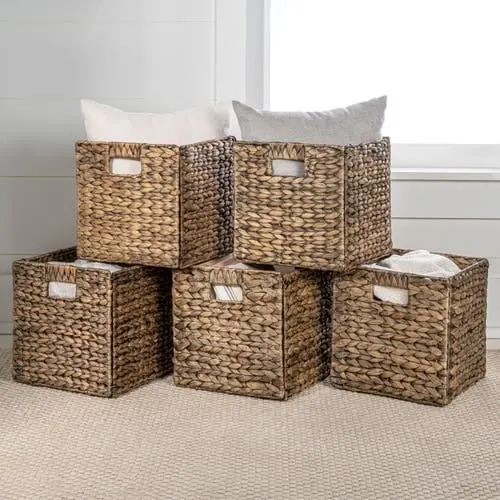HAPPIMESS Bryce Classic Farmhouse Handwoven Hyacinth Collapsible Storage Cube Baskets With Handles - Woody