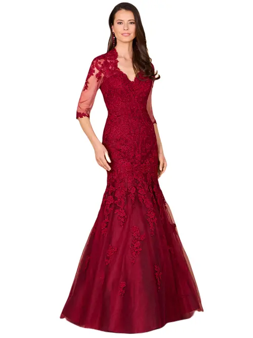 LARA NEW YORK Long Sleeve Mermaid Gown - Dark Red