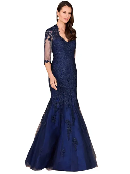 LARA NEW YORK Long Sleeve Mermaid Gown - Navy