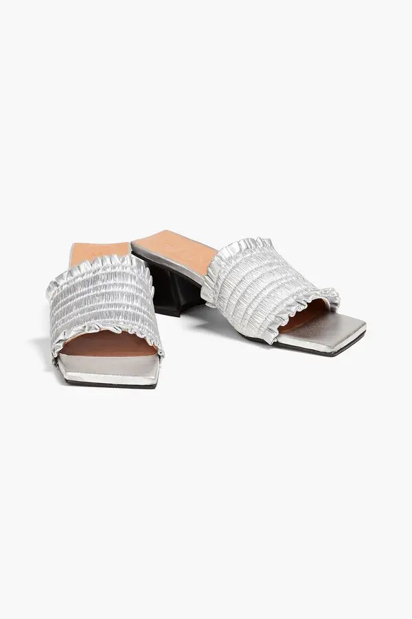 GANNI Shirred Metallic Mules - Silver