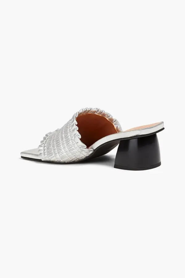 GANNI Shirred Metallic Mules - Silver