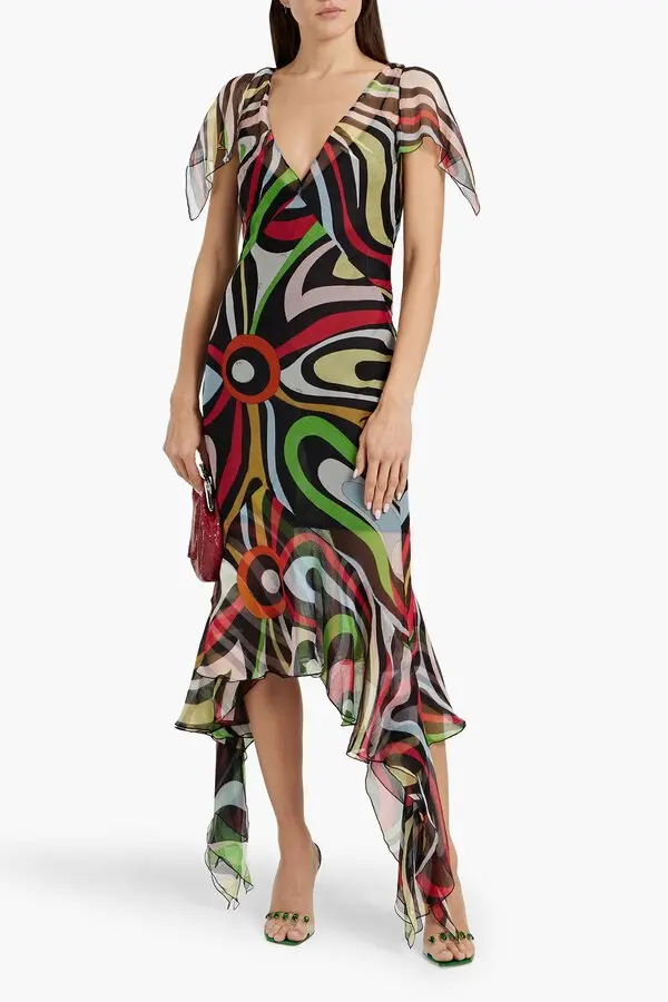 Emilio Pucci Asymmetric Printed Silk-georgette Dress - Black