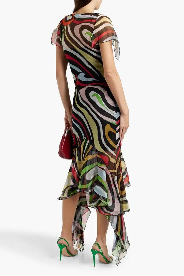 Emilio Pucci Asymmetric Printed Silk-georgette Dress - Black