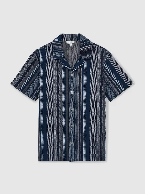 REISS Archer Aztec-stripe Cuban-collar Shirt