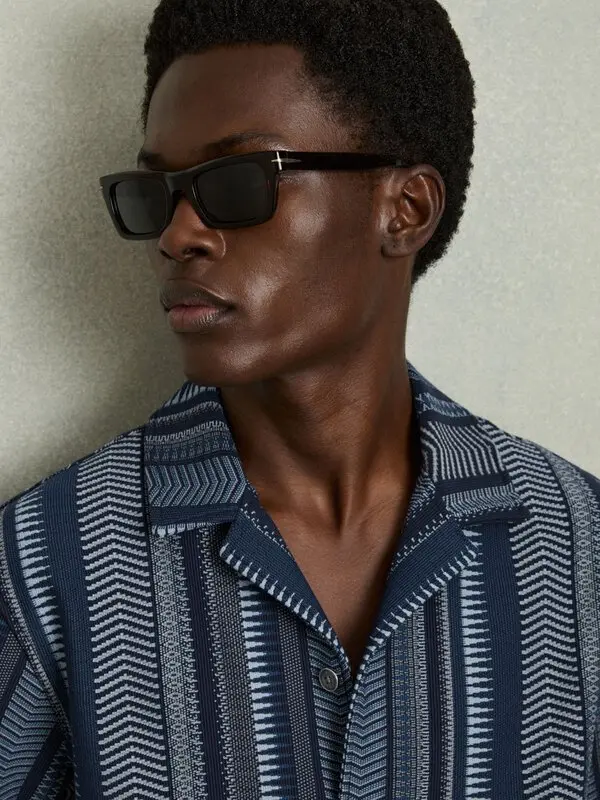 REISS Archer Aztec-stripe Cuban-collar Shirt