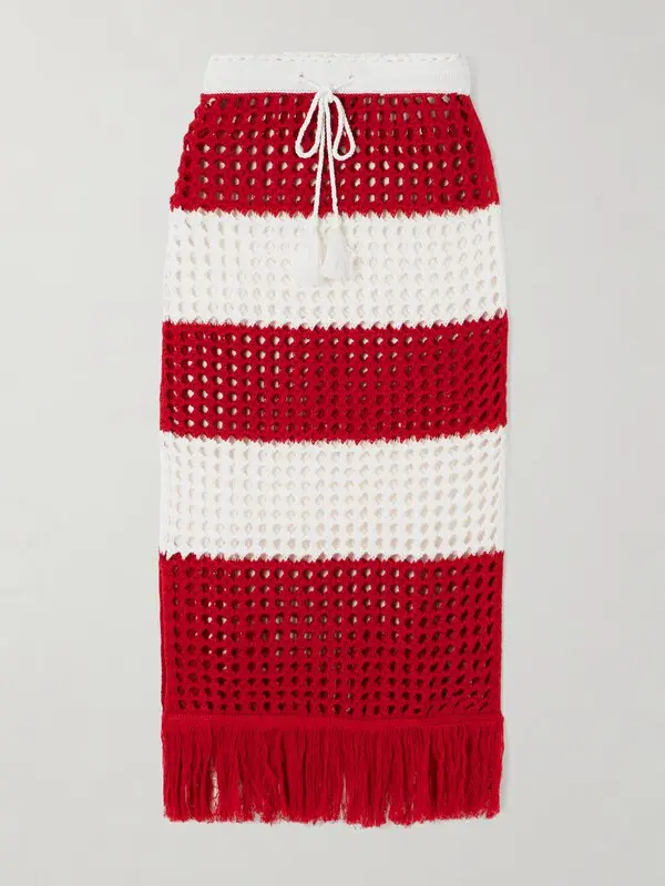 Farm Rio Fringed Striped Crocheted Cotton Midi Skirt - Red