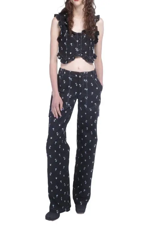 Anna Sui Denim Embroidered Roses Cargo Pant