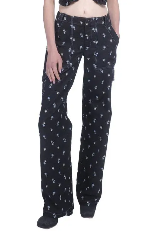 Anna Sui Denim Embroidered Roses Cargo Pant