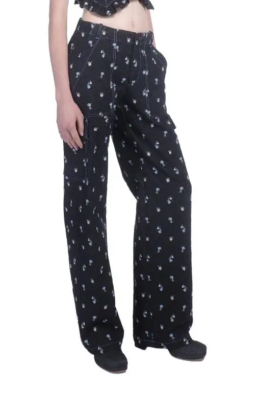 Anna Sui Denim Embroidered Roses Cargo Pant