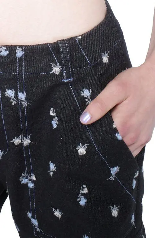 Anna Sui Denim Embroidered Roses Cargo Pant