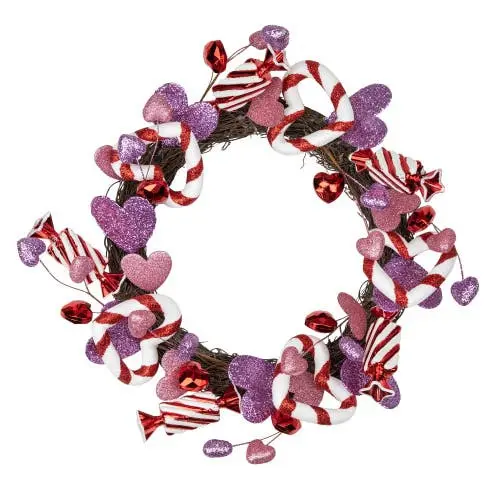 NORTHLIGHT Candies And Hearts Valentine's Day Small Artificial Wreath16"purple - Pink