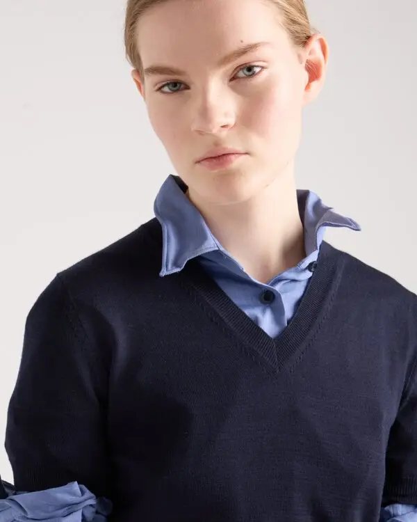Prada V-Neck Wool Sweater - Navy | Editorialist