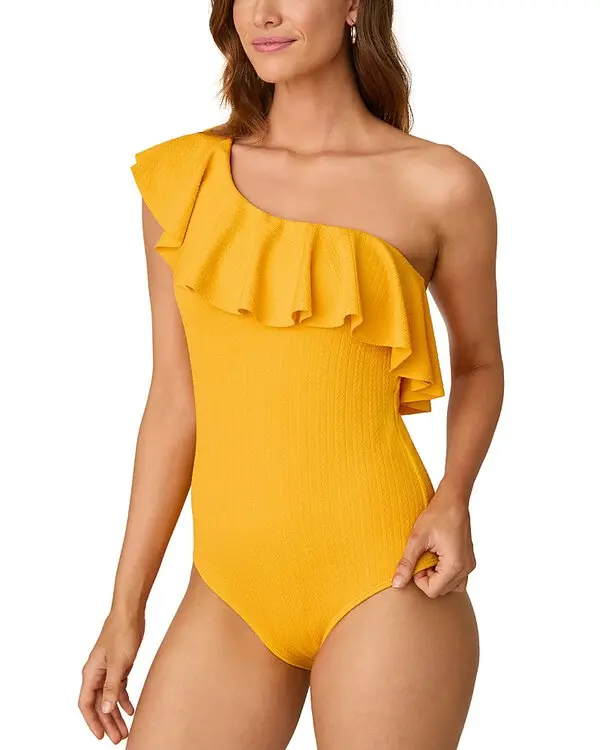 Shoshanna One Shoulder Ruffle Ribbed One Piece Swimsuit - Lemon