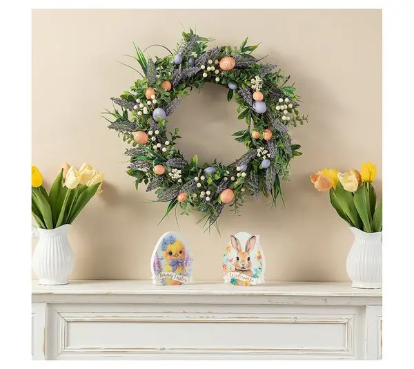 NEARLY NATURAL Glitzhome 22'd Easter Eggs And Lavender Wreath - One-color