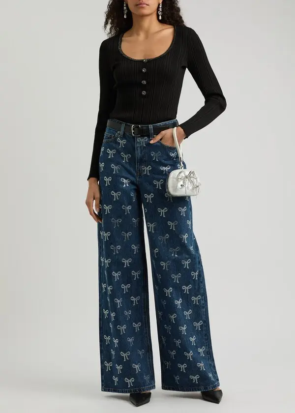 SELF-PORTRAIT Bow-embellished Wide-leg Jeans