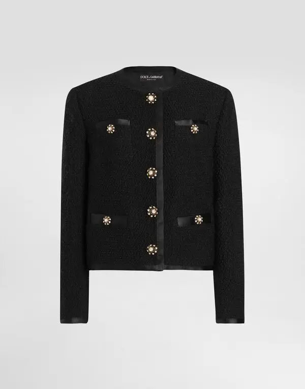 Dolce & Gabbana Cropped Bouclé Tweed Jacket With Bejeweled Buttons - Black
