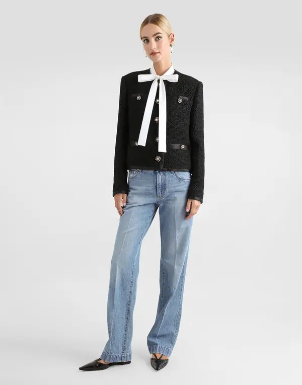 Dolce & Gabbana Cropped Bouclé Tweed Jacket With Bejeweled Buttons - Black