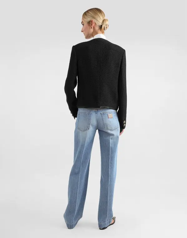 Dolce & Gabbana Cropped Bouclé Tweed Jacket With Bejeweled Buttons - Black