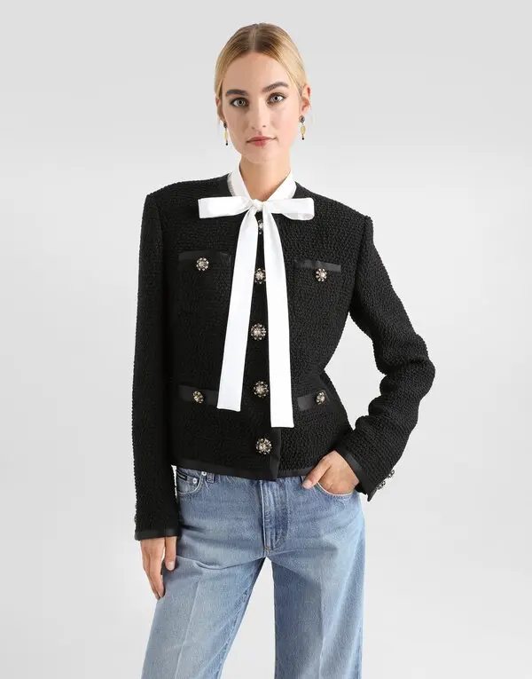 Dolce & Gabbana Cropped Bouclé Tweed Jacket With Bejeweled Buttons - Black