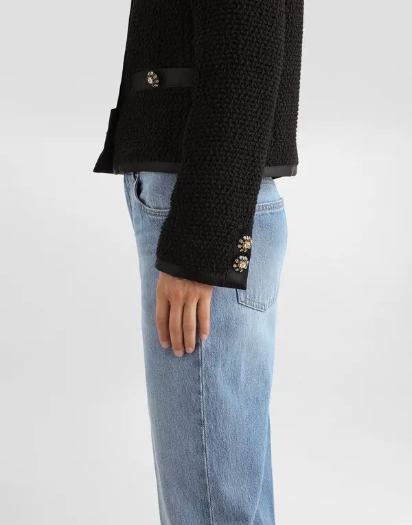 Dolce & Gabbana Cropped Bouclé Tweed Jacket With Bejeweled Buttons - Black