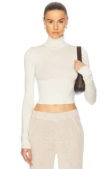 Eterne Cropped Fitted Turtleneck Soft Jersey Top - Ivory