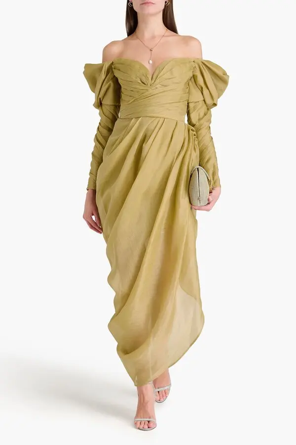 Off-the-shoulder Draped Linen And Silk-blend Gauze Maxi Dress