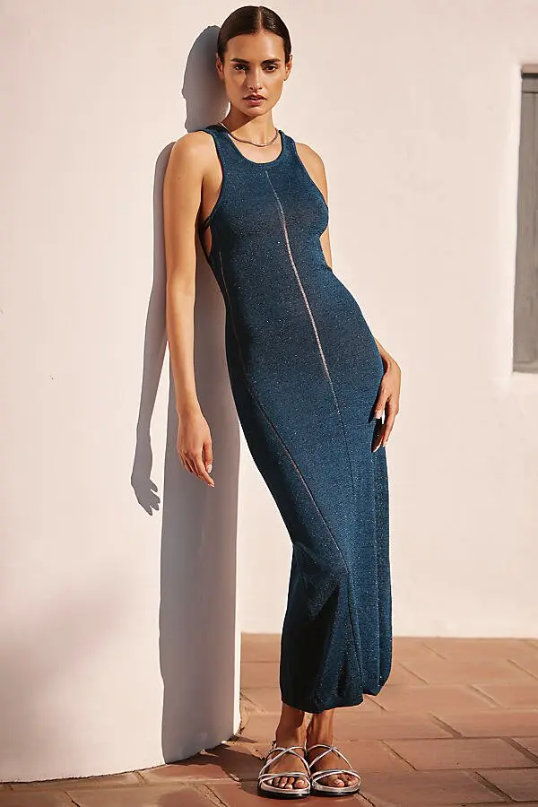 Celandine High-Neck Metallic-Knit Maxi Dress In Blue - 75% Off |  Editorialist
