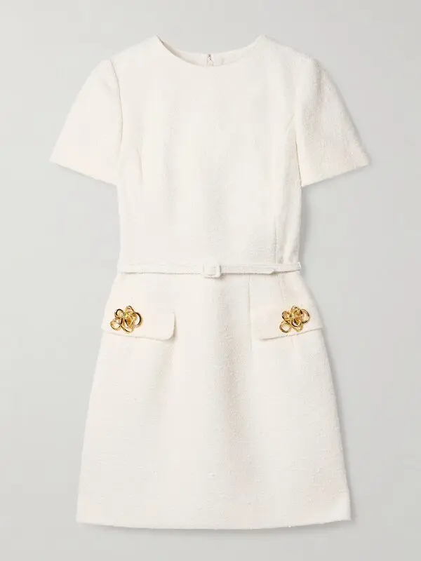 Oscar De La Renta Belted Embellished Cotton-Blend Tweed Mini Dress In Ivory  - 50% Off | Editorialist