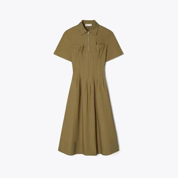 Tory Burch Poplin Pleat-waist Dress - Olive