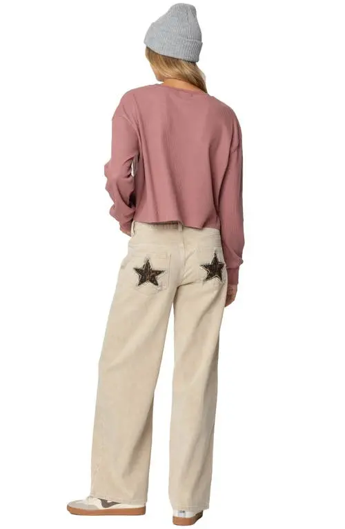EDIKTED Leopard Star Wide Leg Jeans - Beige-washed