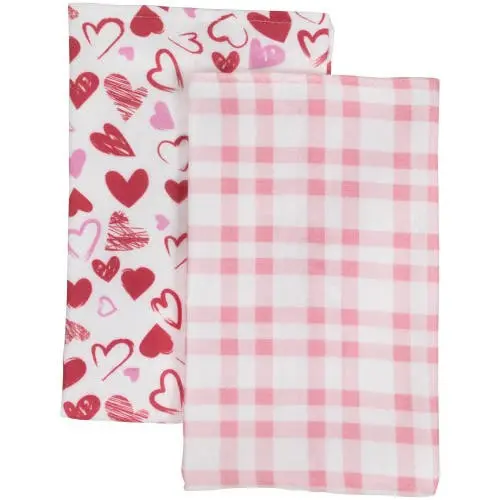NORTHLIGHT Plaid And Hearts Valentine's Day Kitchen Tea Towels26"pink And Redset Of 2 - White